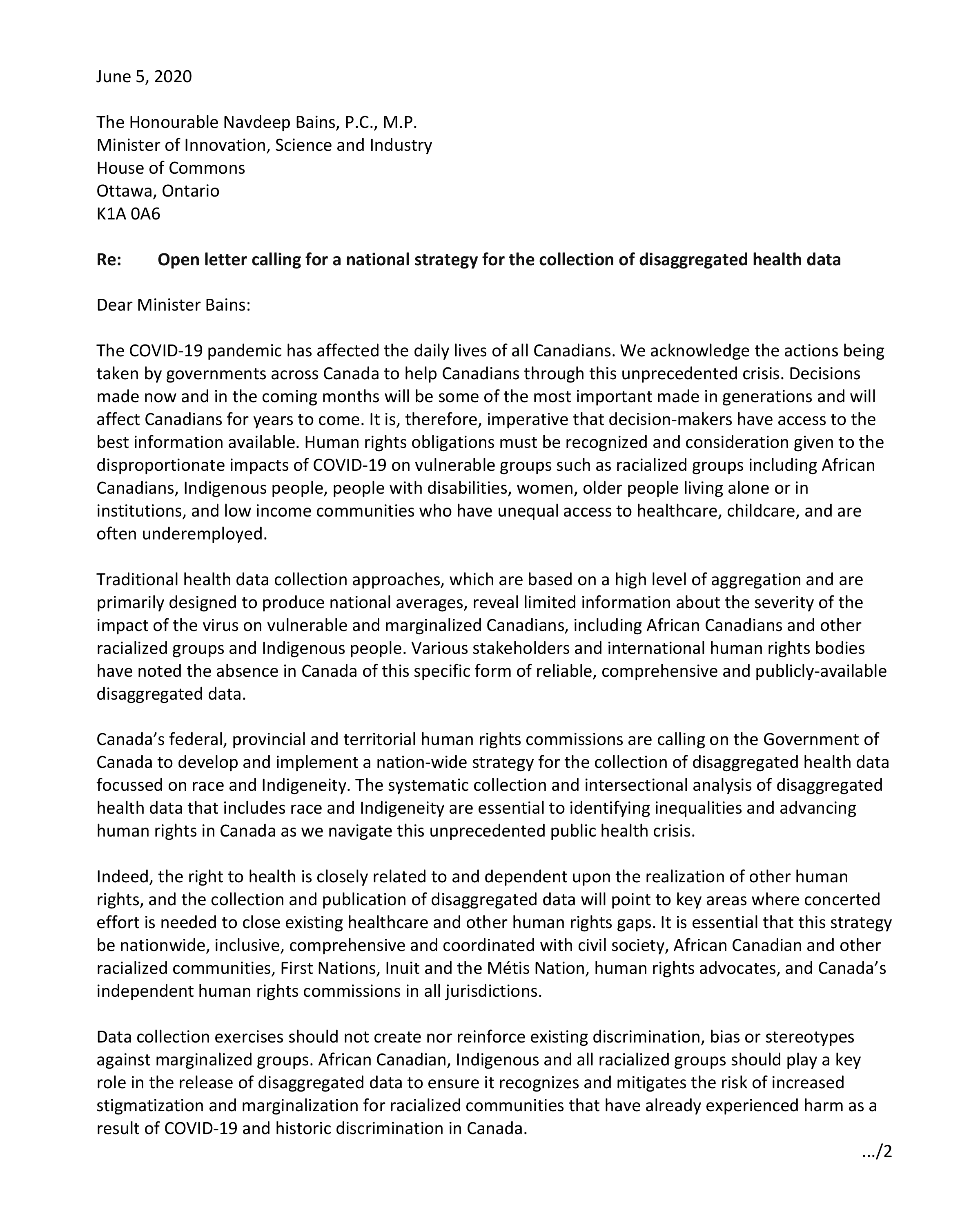Open letter calling for a national strategy for the collection of ...